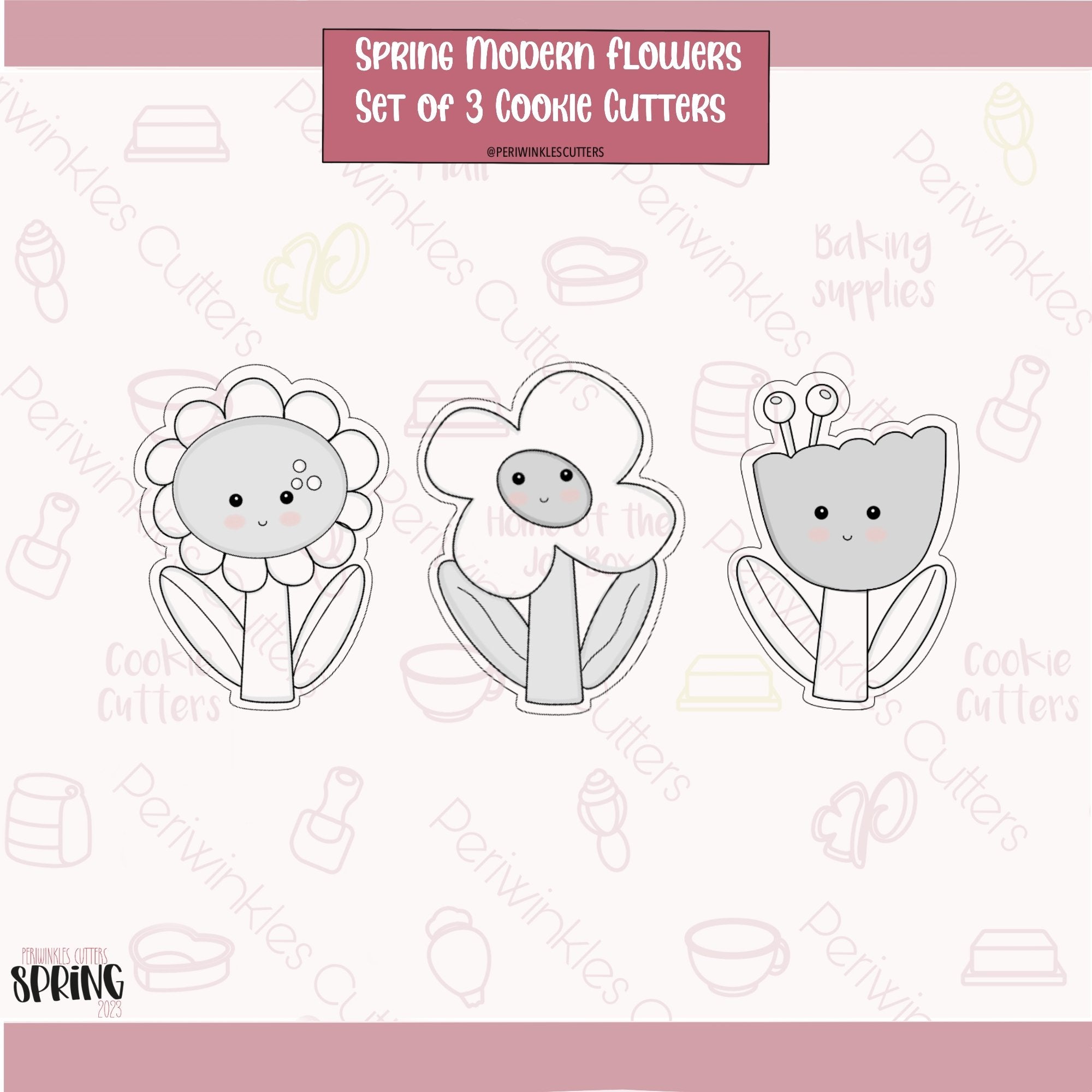 Spring Modern Flowers Set of 3 Cookie Cutter - Periwinkles Cutters